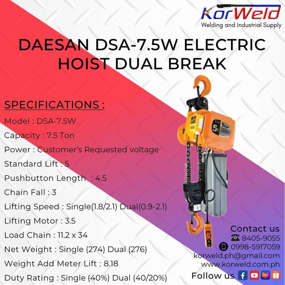 Daesan Electric Hoist (Dual Break) DSA-7.5W, Commercial & Industrial ...