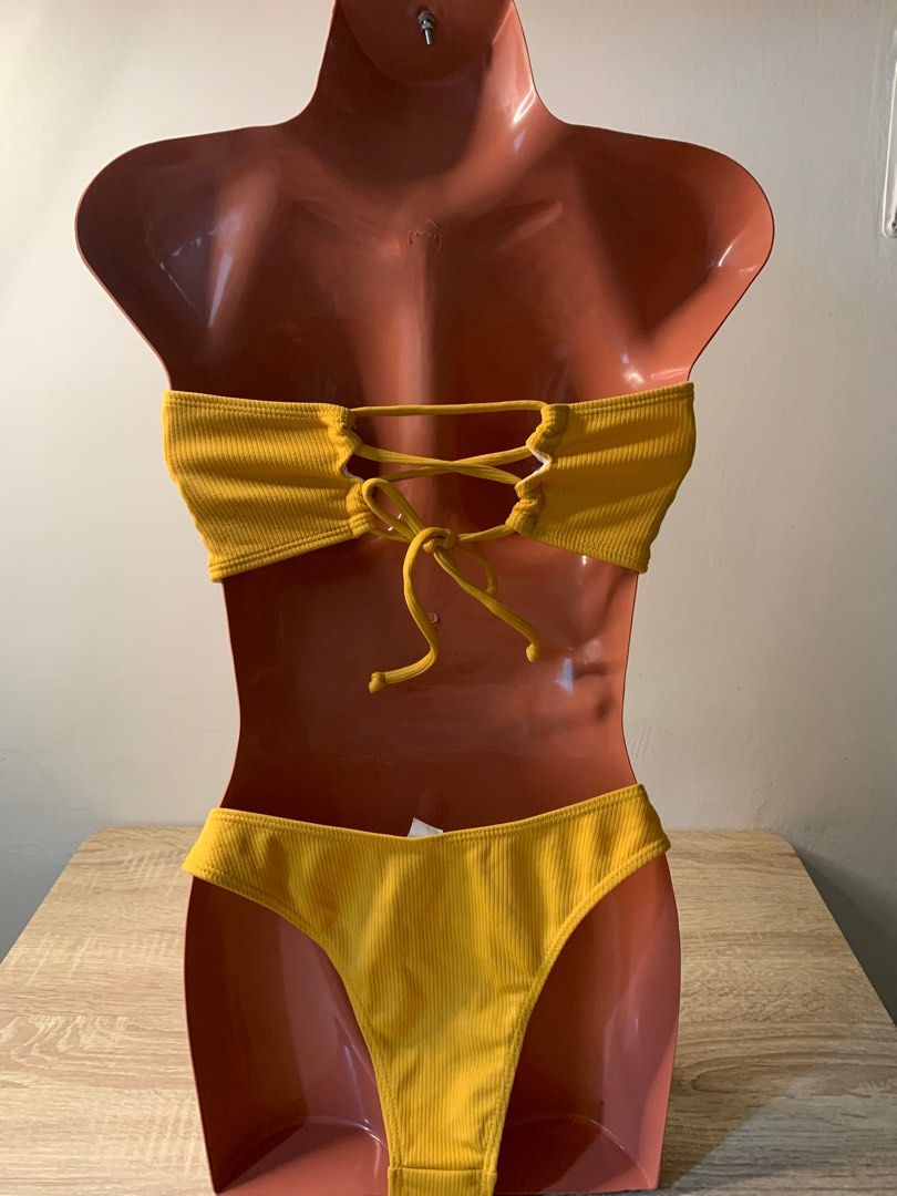 Dyamante High Cut Ribbed Thong Bikini Set Mustard Yellow Color On