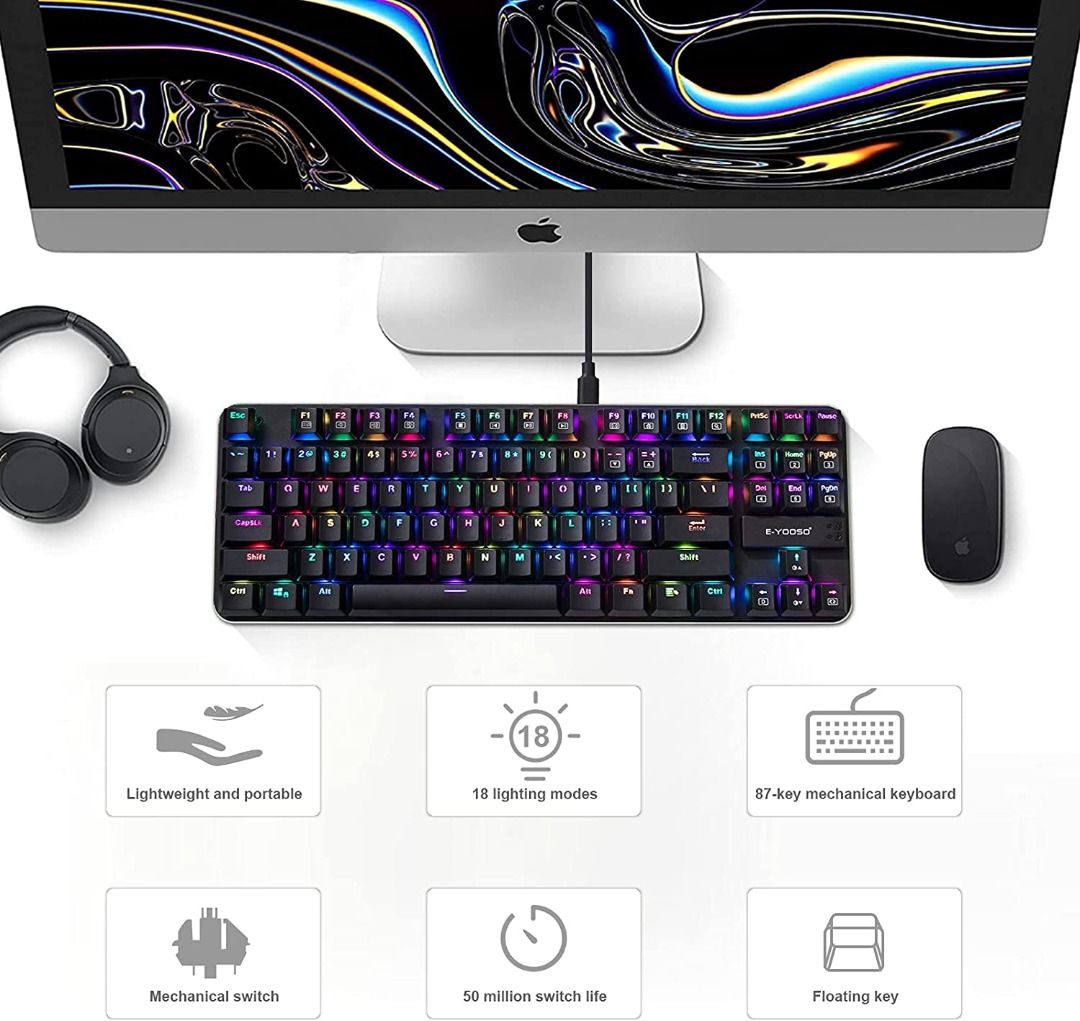E-YOOSO TKL Mechanical Keyboard 87 Keys with RGB Backlit, Ultra Thin ...