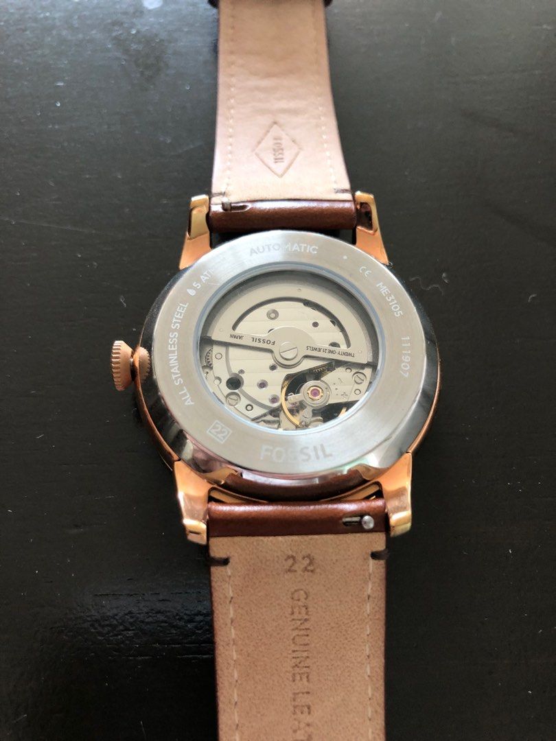 Fossil Automatic Townsmen Rose Gold PVD Brown Leather, Men's Fashion ...