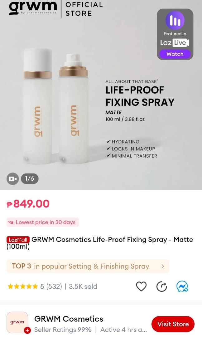 GRWM Life Proof Fixing Spray - Matte 100 ml on Carousell