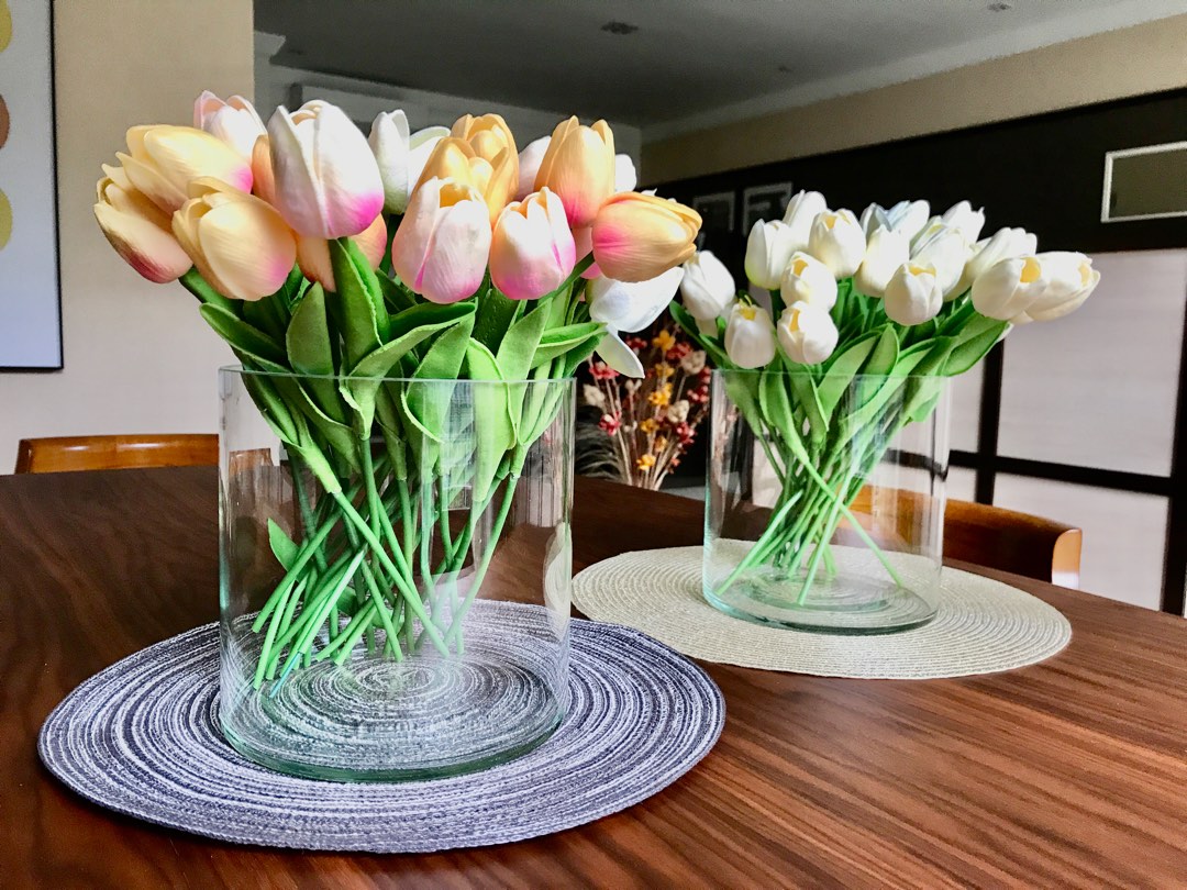Large Glass Vase with Artificial Soft Touch Foam Tulips, Furniture ...