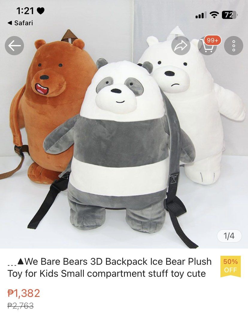 Miniso We Bare Bears Plushie Bag, Hobbies & Toys, Toys & Games on Carousell