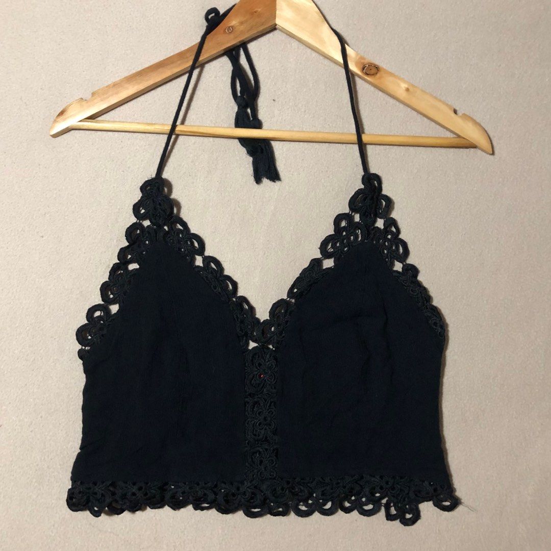 Cottagecore Grunge Black Embroidered Trimming Halter Top, Women's ...