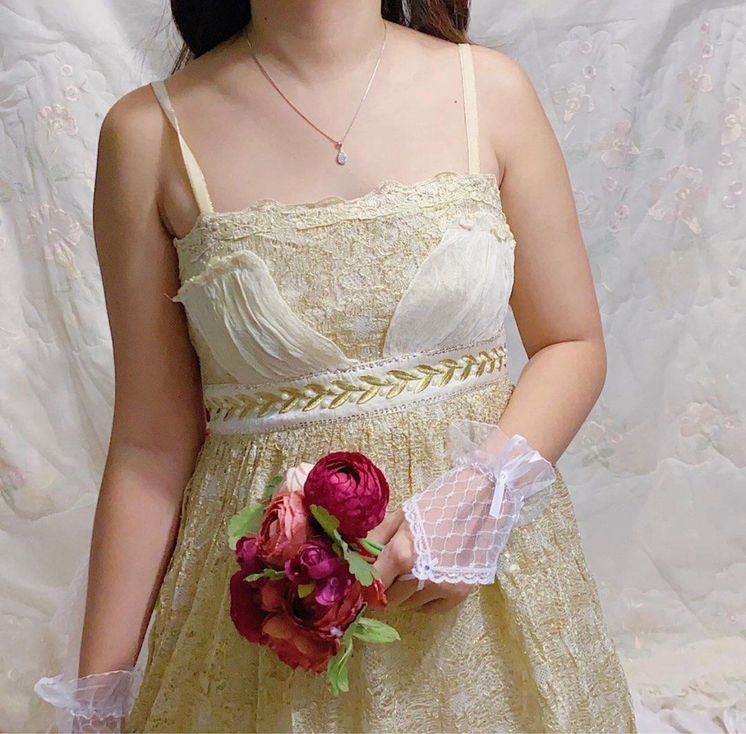 Gold Princess Dress Prom Gown Fairy Cottagecore Coquette, Fesyen Wanita ...