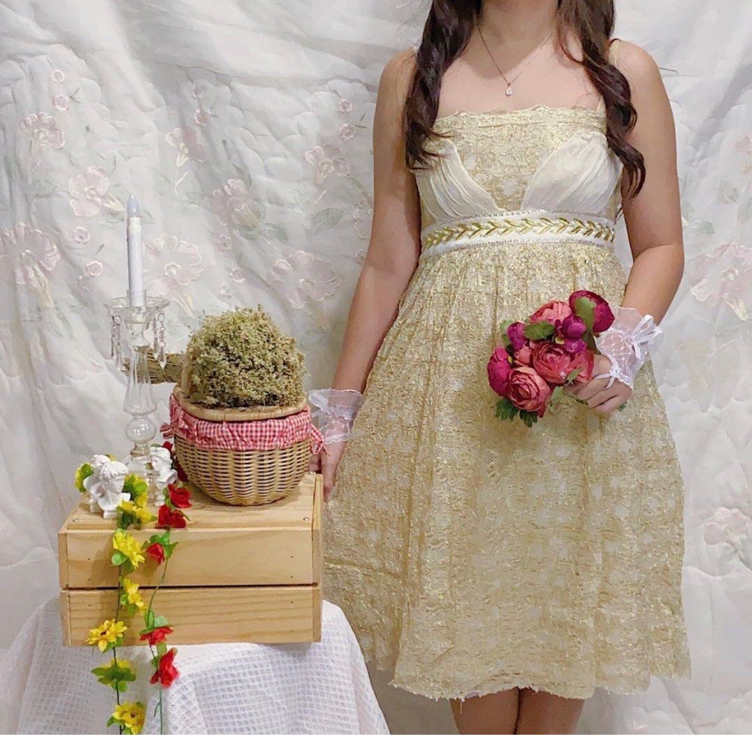 Gold Princess Dress Prom Gown Fairy Cottagecore Coquette, Fesyen Wanita ...