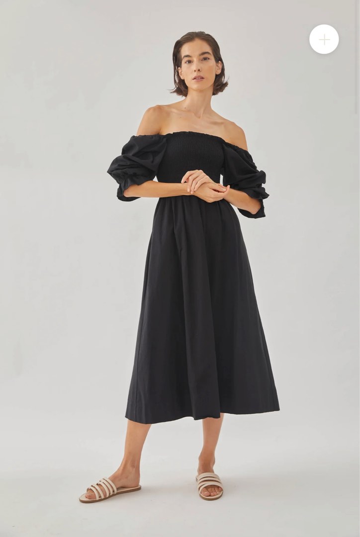 Klarra Cotton Shirred Midi Dress in Black, Women's Fashion, Dresses ...