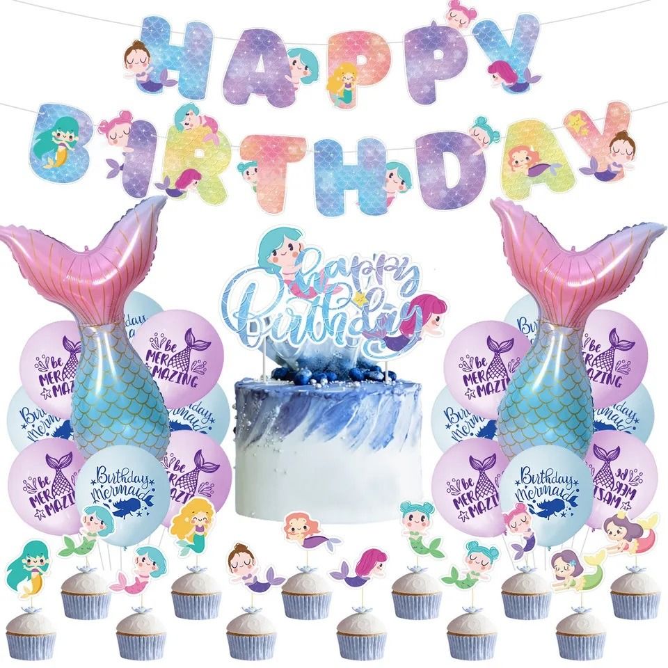 Mermaid Birthday Decorations Set Mermaids Happy Birthday Decoration Set ...