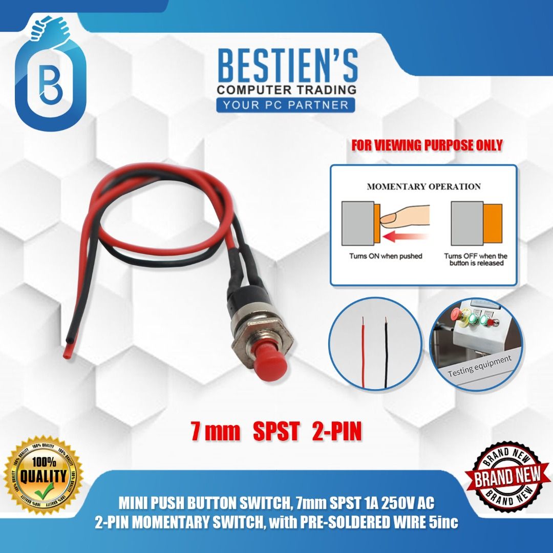 MINI PUSH BUTTON SWITCH, 7mm SPST 1A 250V AC 2-PIN MOMENTARY SWITCH ...