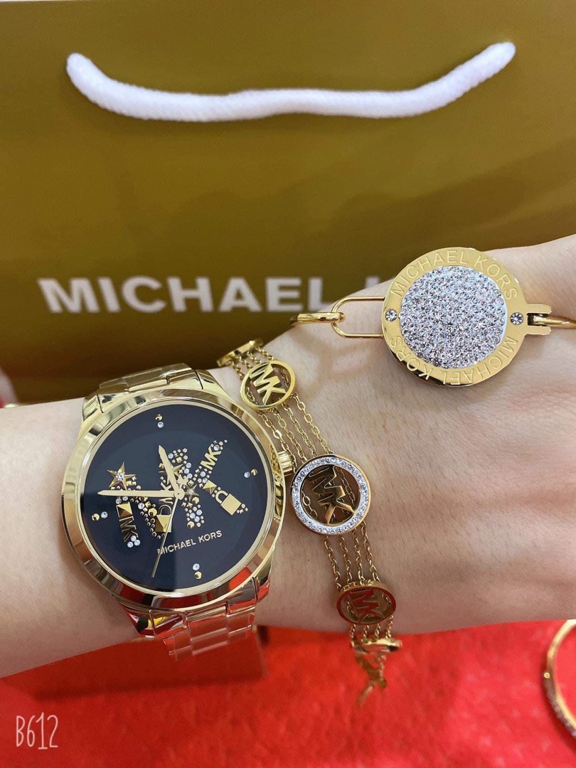 MK SET NEW LOGO WITH GLITZ BLACK DIAL AUTHENTIC WATCH, Women's Fashion ...
