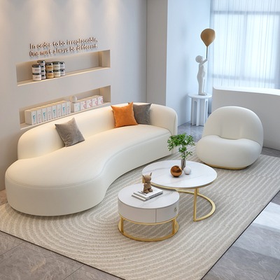 Reception/Rest area light luxury cloth curved sofa and coffee table ...