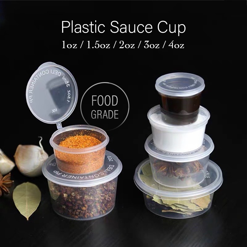 SAUCE CUP [50/100 Pc] Disposable Plastic Round Containers Food Saucer Container with Lid 1oz/1 ...