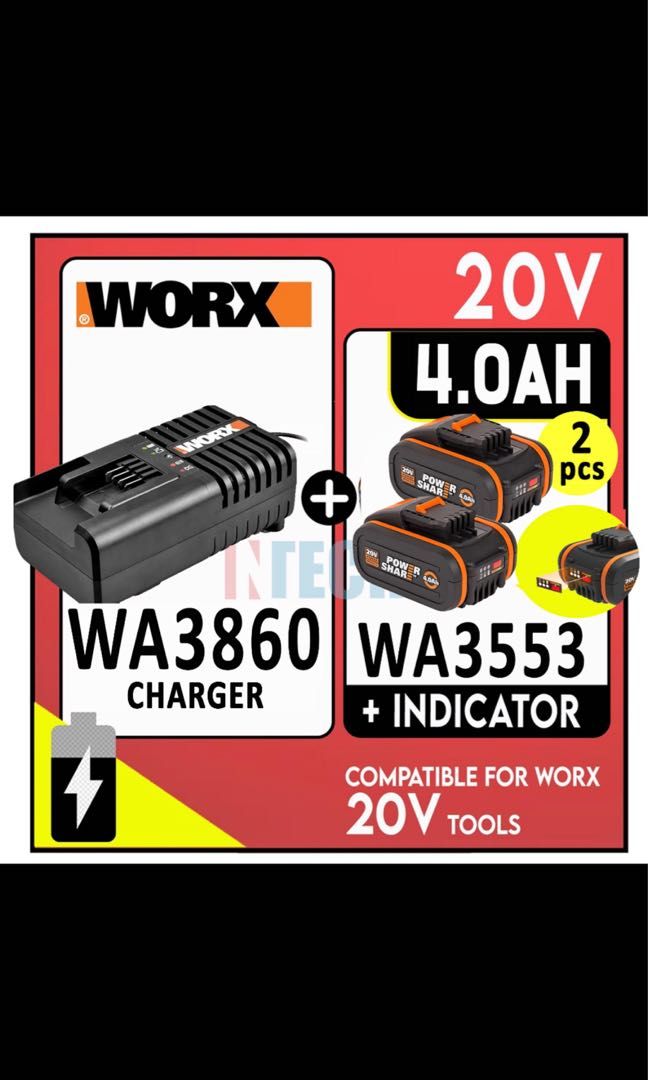 WORX WA3553 20V 4.0AH BATTERY x2 and WA3860 CHARGER, Furniture & Home ...