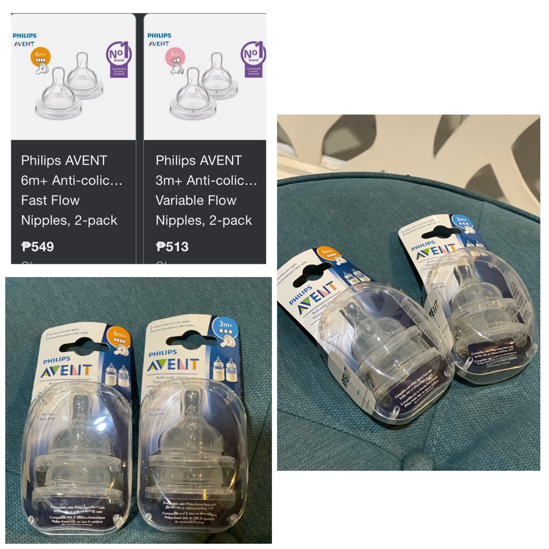 Brandnew Avent nipple fast flow 6m+ and variable flow 3m+ on Carousell