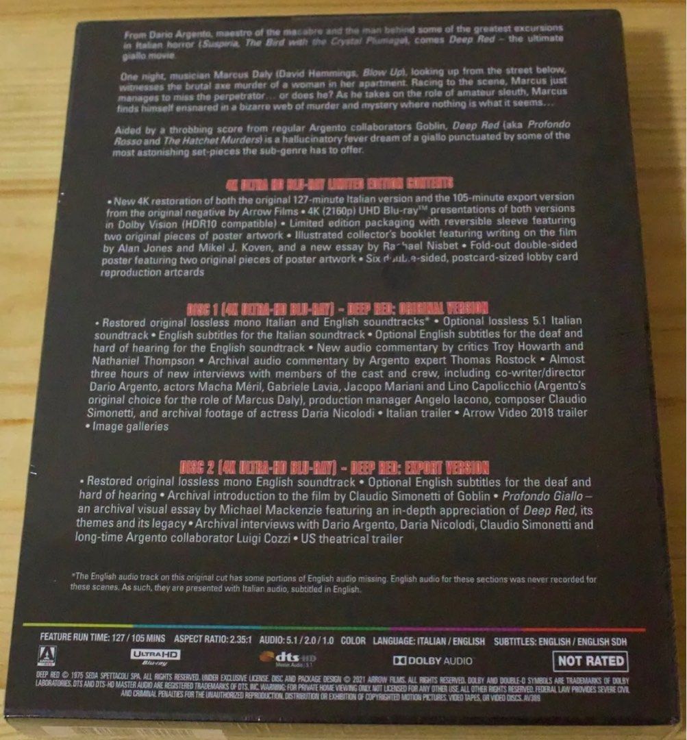 Deep Red 4K UHD Arrow Video Limited Edition Arte Originale, Hobbies & Toys, Music & Media, CDs ...