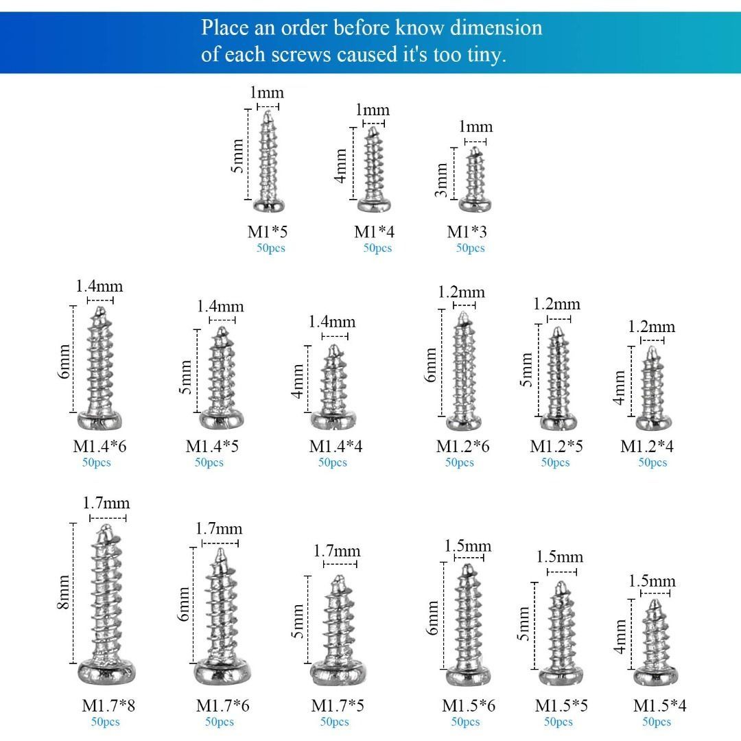 HanTof 750pcs 15 Kinds M1 M1.2 M1.4 M1.5 M1.7 Phillips Rounded Head Small Self Tapping Screws ...