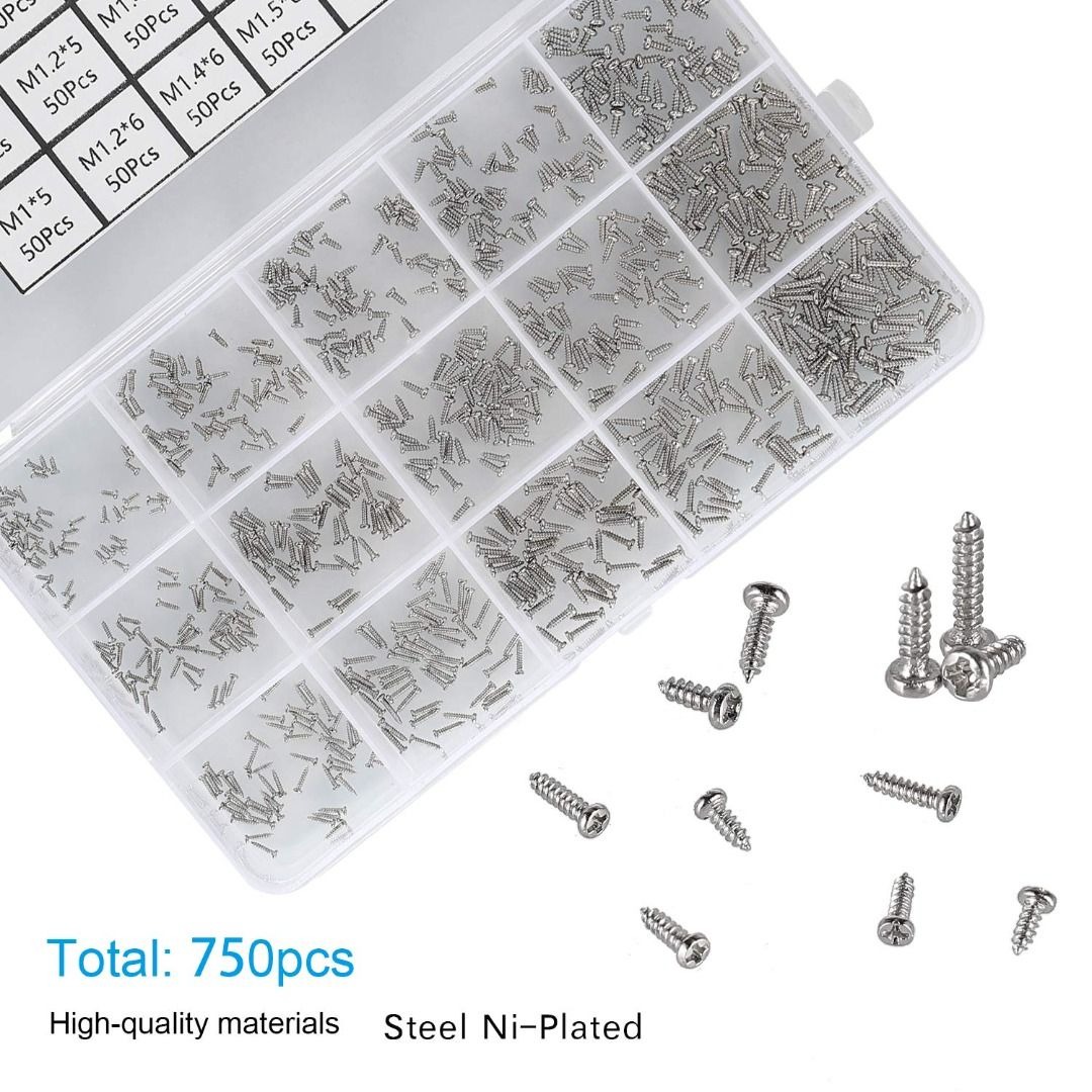 HanTof 750pcs 15 Kinds M1 M1.2 M1.4 M1.5 M1.7 Phillips Rounded Head Small Self Tapping Screws ...