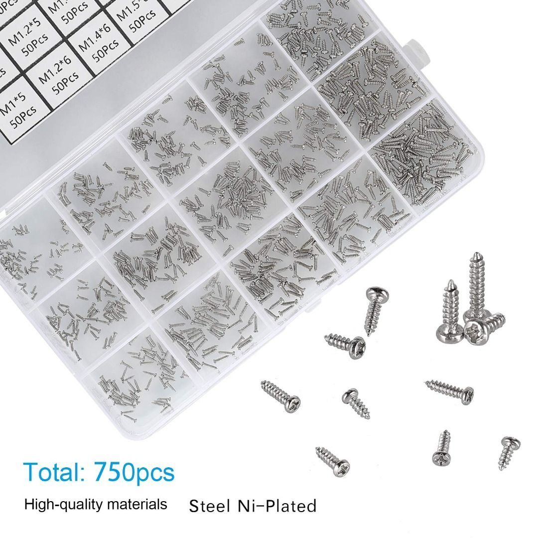 HanTof 750pcs 15 Kinds M1 M1.2 M1.4 M1.5 M1.7 Phillips Rounded Head Small Self Tapping Screws ...