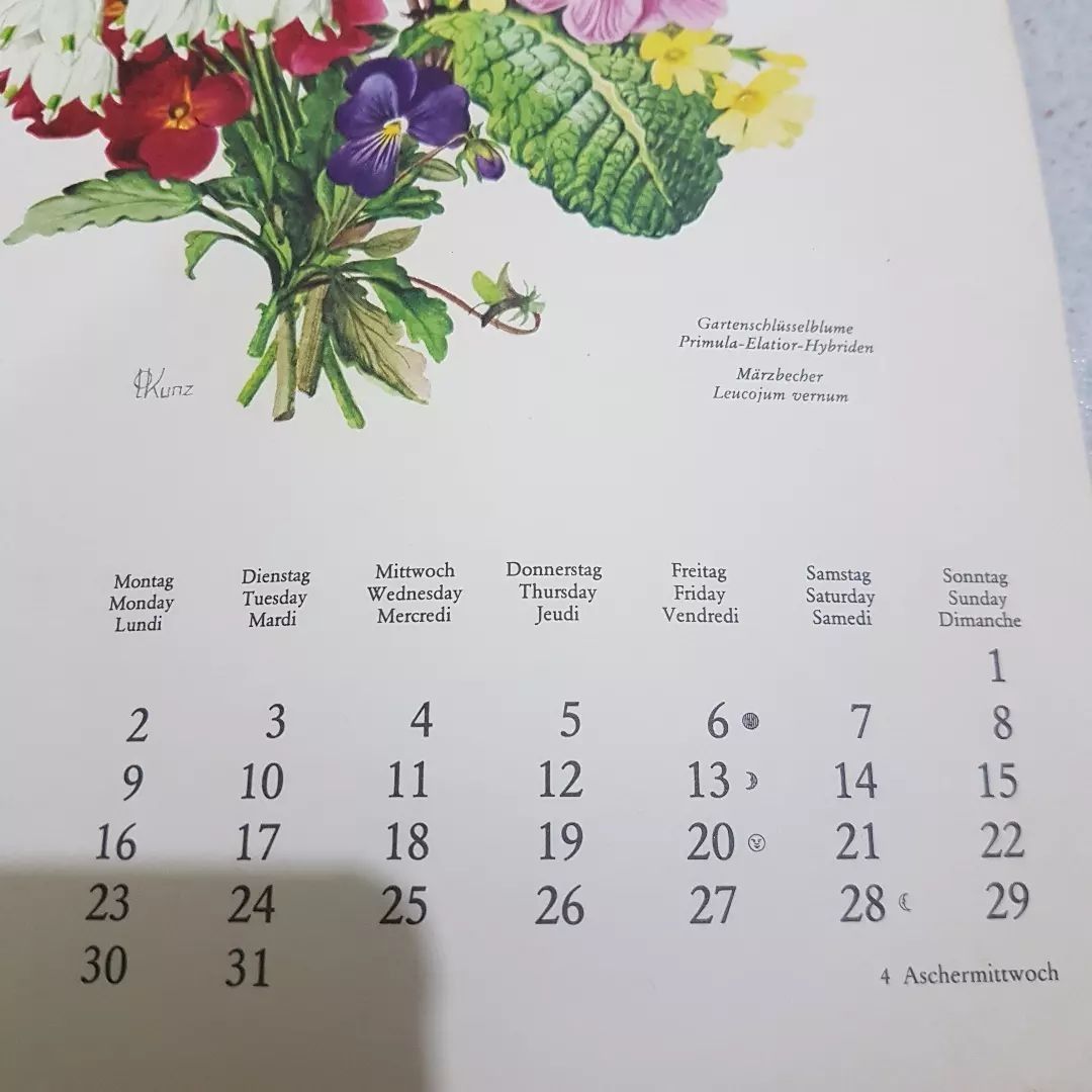 Kalender asli cetakan 1981 Jerman bulan Maret 1981 gambar bunga ...