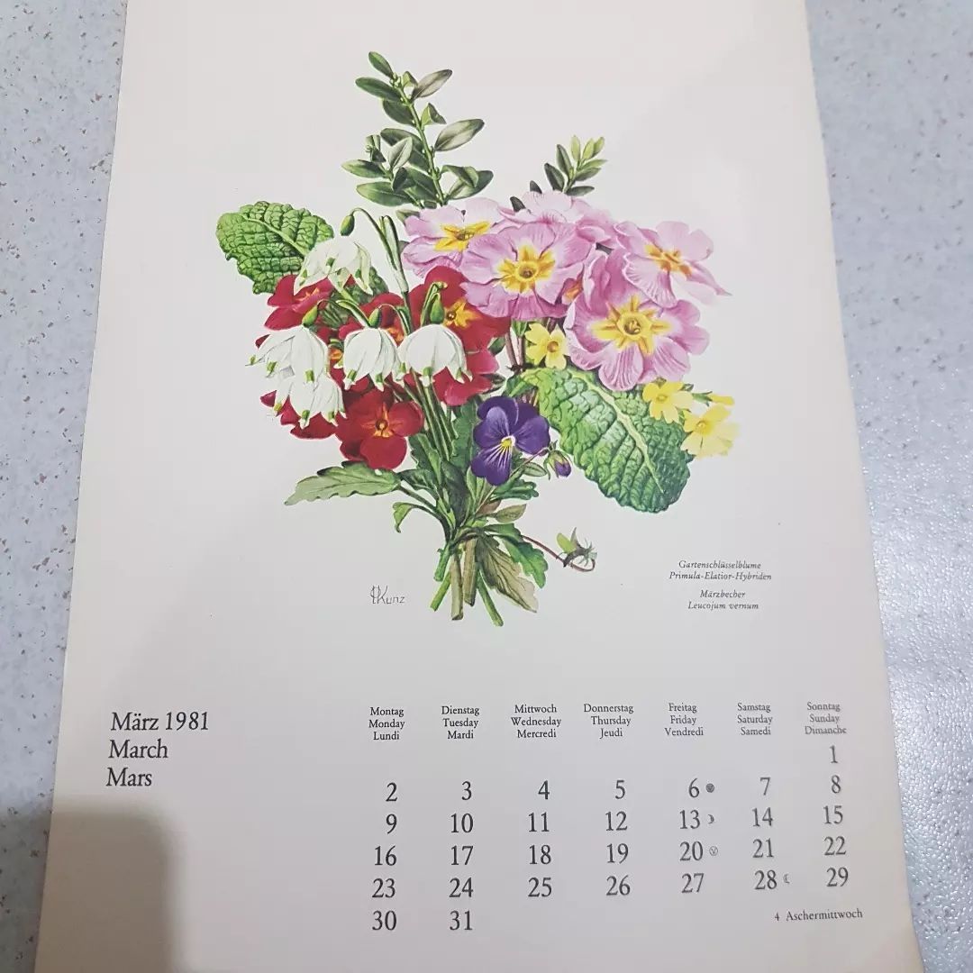Kalender asli cetakan 1981 Jerman bulan Maret 1981 gambar bunga ...