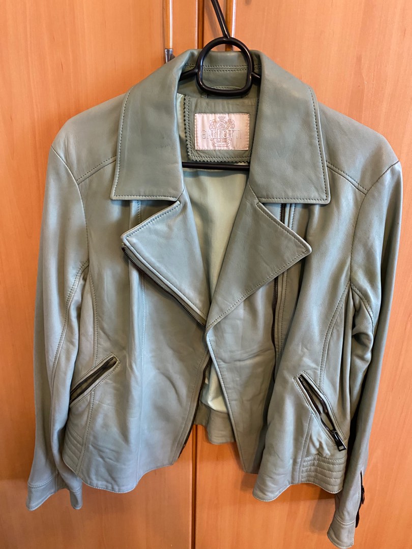 Leather jacket - light green - used, Women's Fashion, Coats, Jackets ...