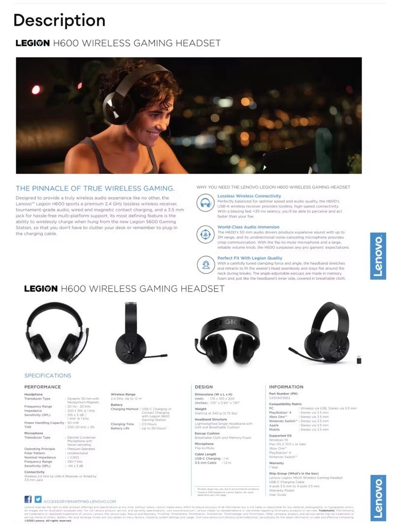 Lenovo Legion H600 Wireless Gaming Headset, Audio, Earphones on Carousell