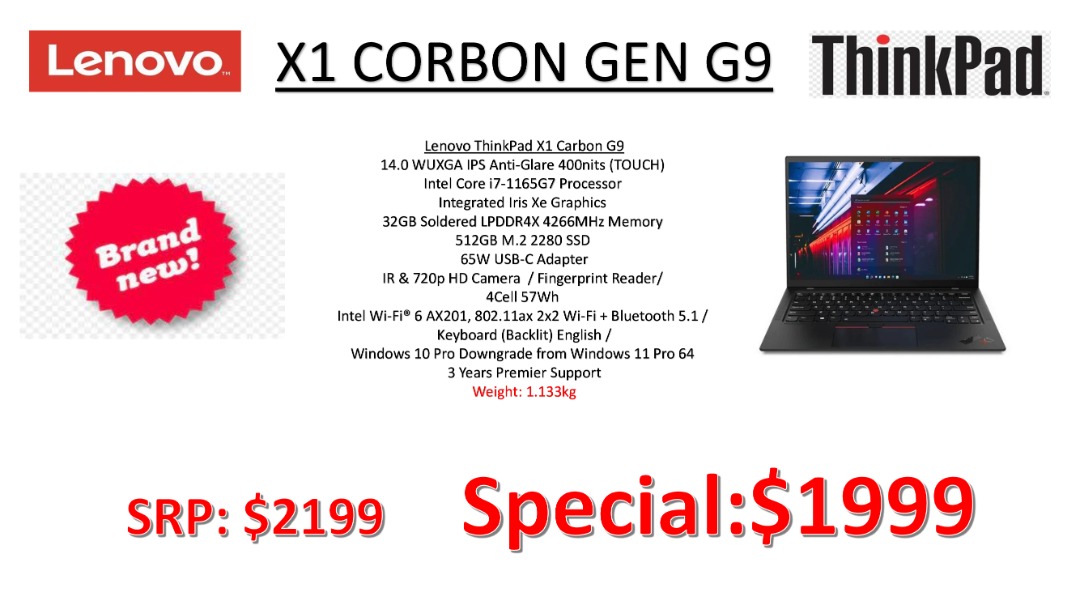 Last piece at $1999, Lenovo ThinkPad X1 Carbon Gen 9 Laptop ...