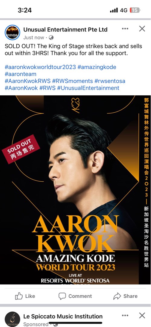 Letting go Aaron Kwok 2amazing Kode world tour 2023 Singapore tour 4 june 2023 cat 3 a3, row26 ...