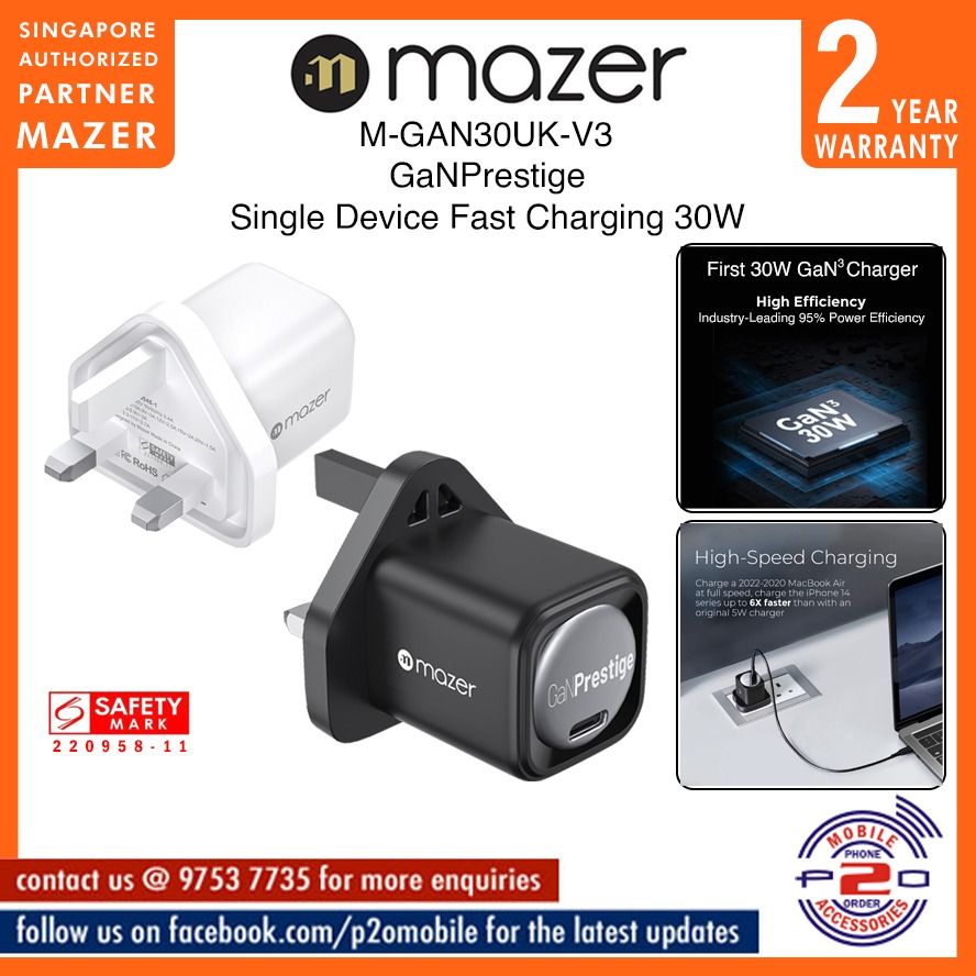 (1 Port, USB-C) Mazer M-GAN30UK-V3 GaN3 SuperMINI PD30W UK Wall charger ...