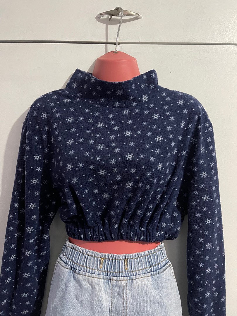 Navy Blue Longsleeves Top - Snow Print - Rework, Women's Fashion, Tops ...