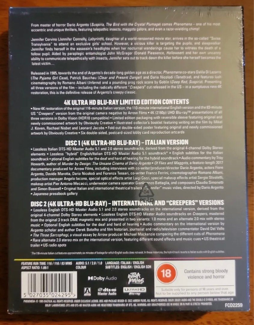Phenomena 4K UHD Arrow Video Limited Edition Arte Originale, Hobbies & Toys, Music & Media, CDs ...