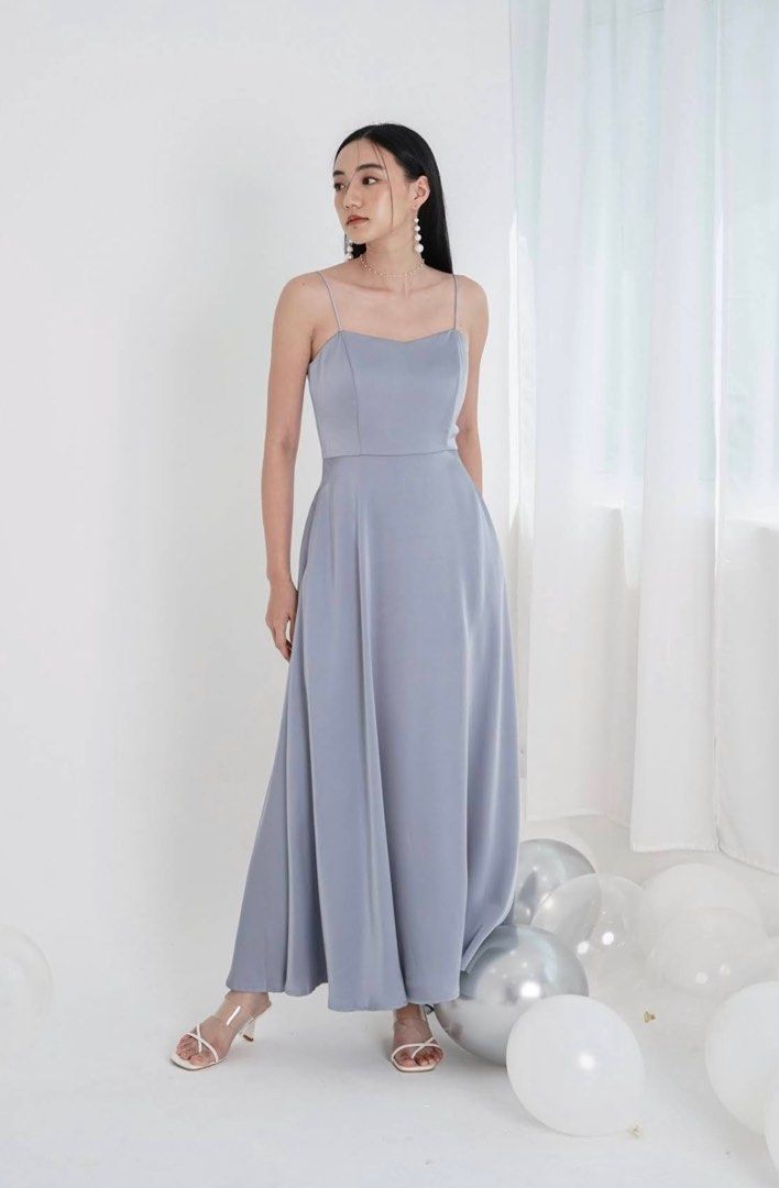 Topazette Sereia Satin Maxi Dress in Crystal Blue, Women's Fashion ...