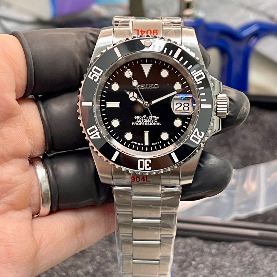 40mm Black Sub NH35 Seiko Mod Black bezel on Black Dial Marine Master ...