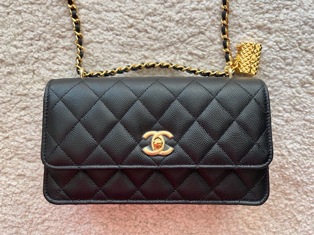 Chanel 23SS New Black and Gold Chain Flap Bag by with Small Bag Charm ...
