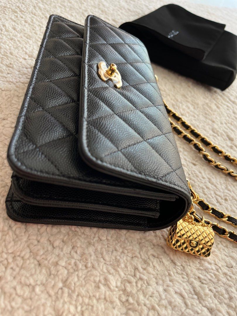 Chanel 23SS New Black and Gold Chain Flap Bag by with Small Bag Charm ...