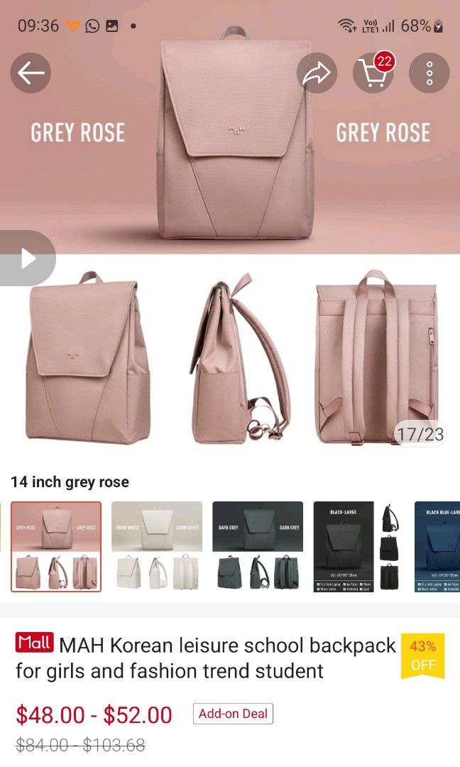 MAH Backpack 14-inch Grey Rose, Women's Fashion, Bags & Wallets ...