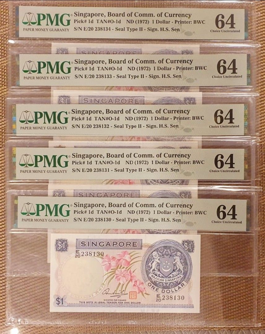 Orchid Series $1 note (Sign by HSS with seal). 5 pcs running nos ...