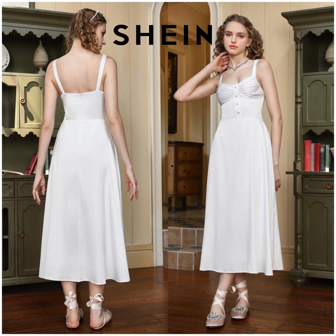 SHEIN Button Front Ruched Detail Cami Dress Broken White Satin Vintage ...