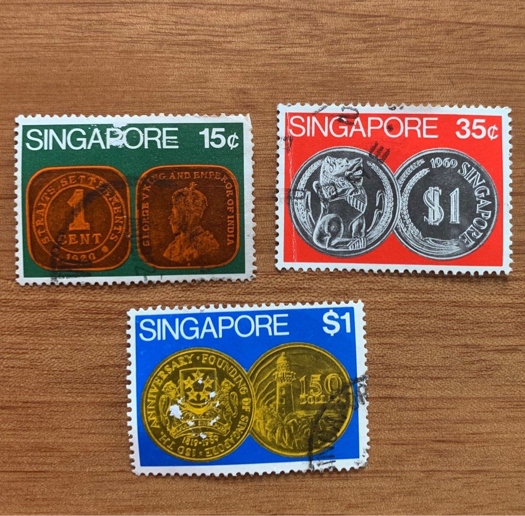 Singapore 1973 famous Old Straits & Gold coin & currency stamp set 3v ...
