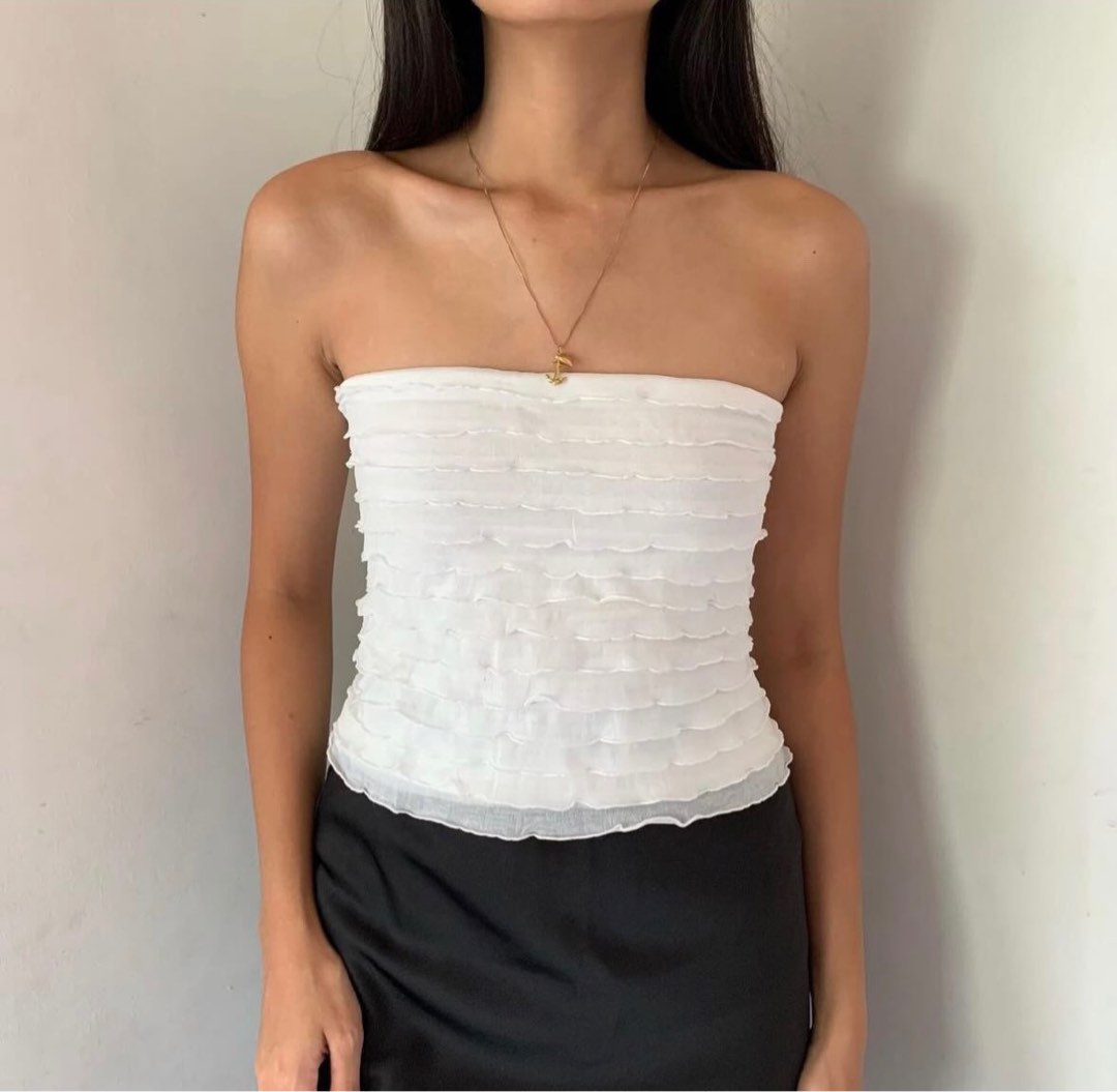 Vintheline white ruffle tube top, Women's Fashion, Tops, Blouses on ...
