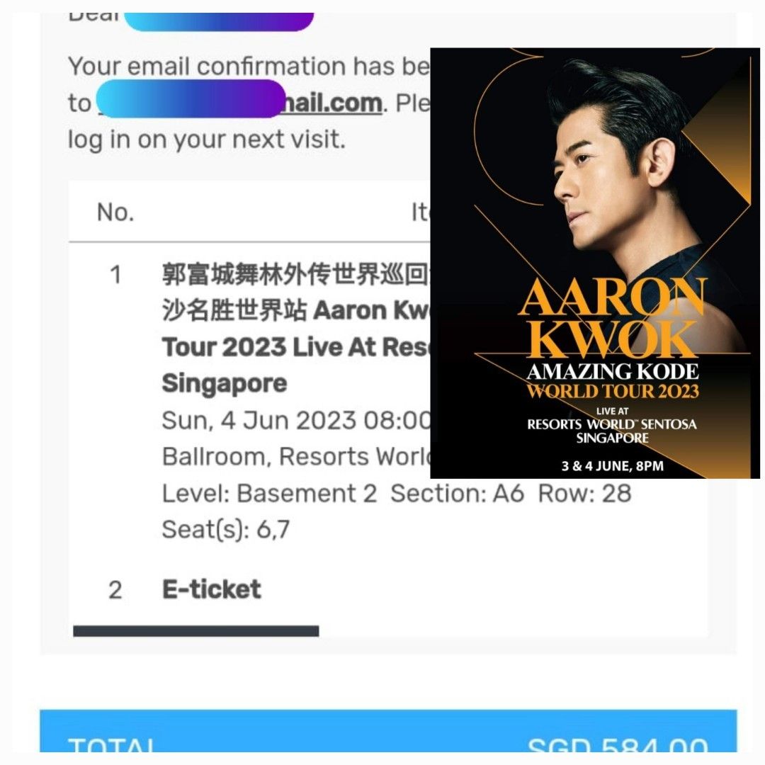 [Cat 3 - A6] Aaron Kwok Tickets x 2 (4 June), Tickets & Vouchers, Event Tickets on Carousell