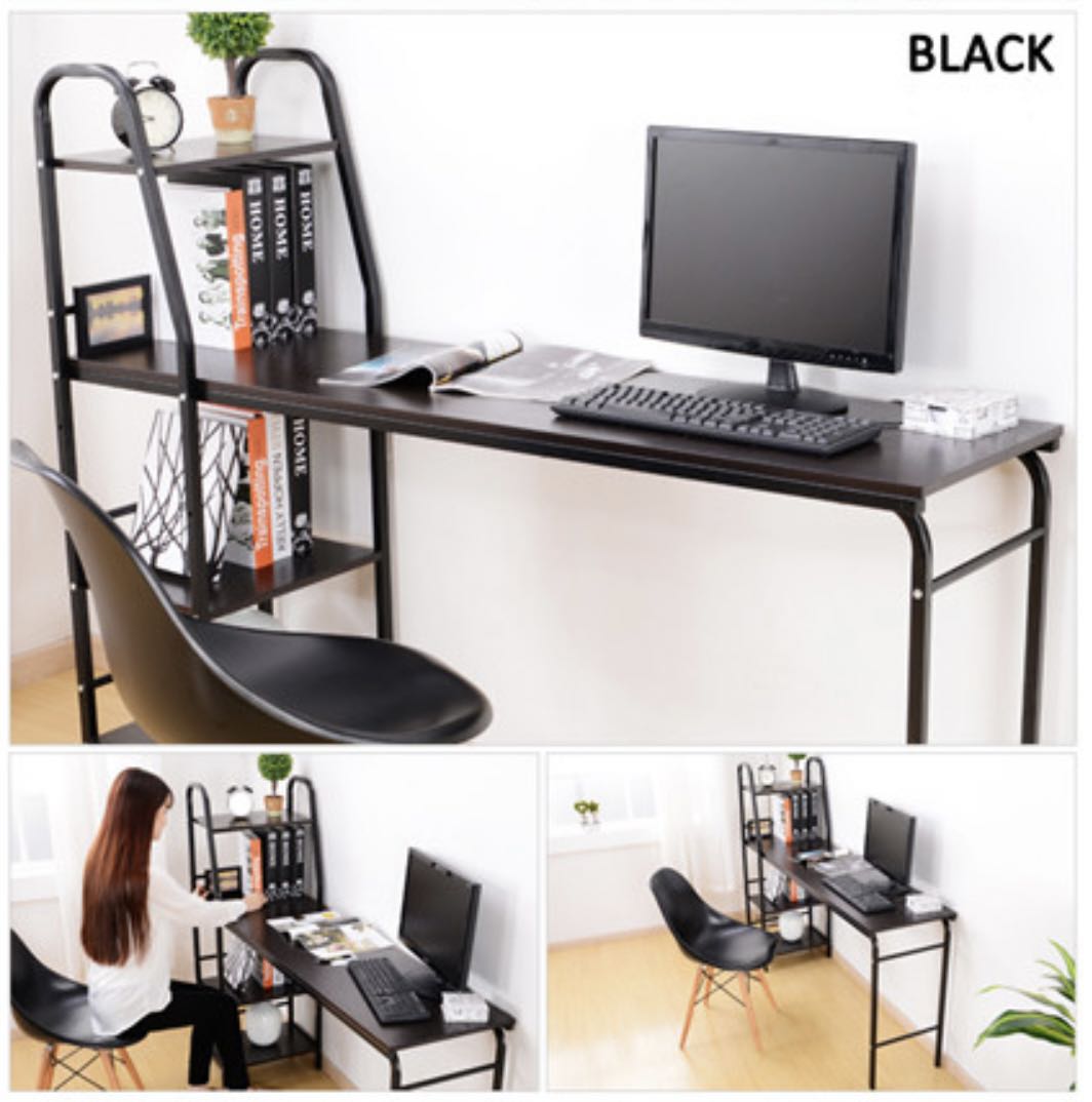 Black/Walnut Clover Desk / Study Table with Storage Bookshelf ...