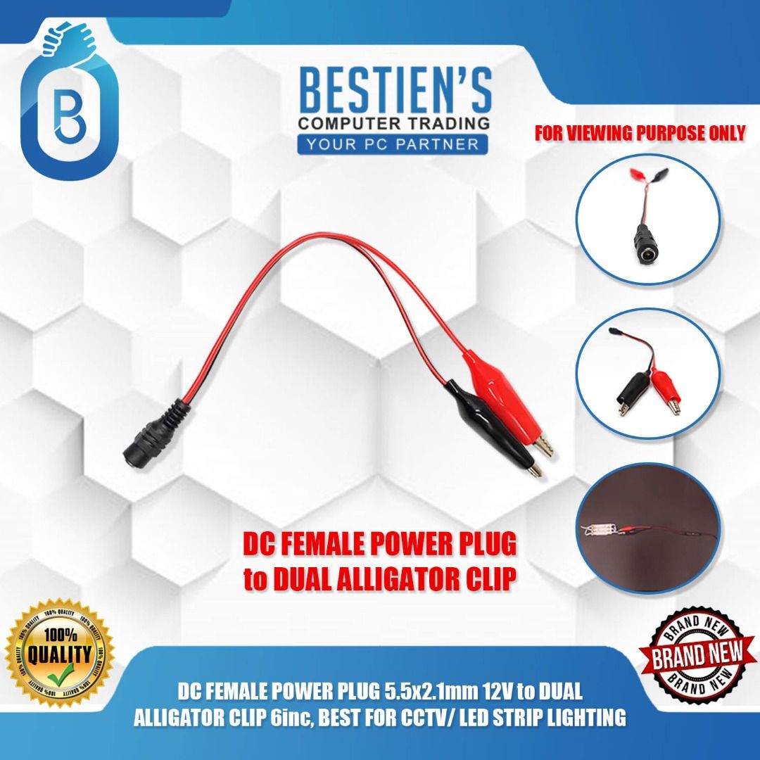 DC FEMALE POWER PLUG 5.5x2.1mm 12V to DUAL ALLIGATOR CLIP 6inc, BEST ...