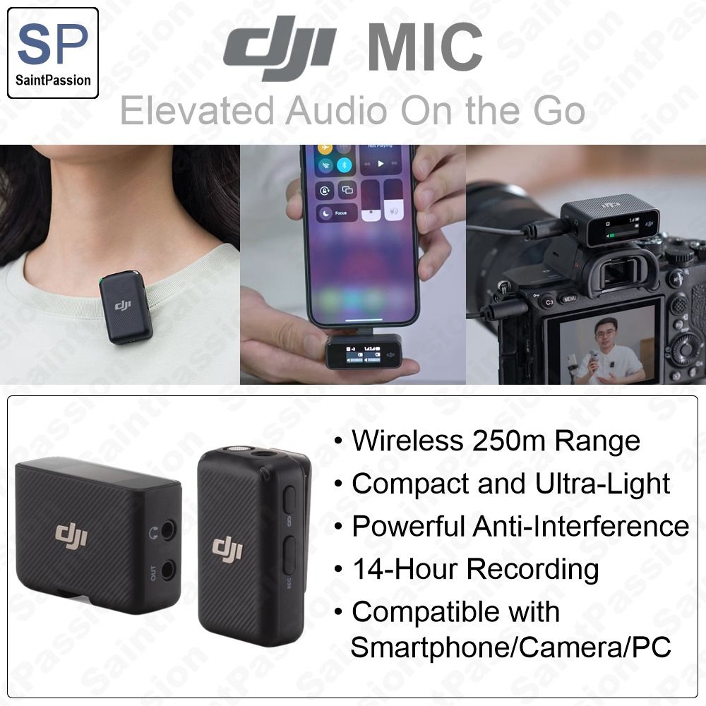 DJI Mic (1 TX + 1 RX) - Compact Ultra-Light Wireless Mic, 250m Range ...