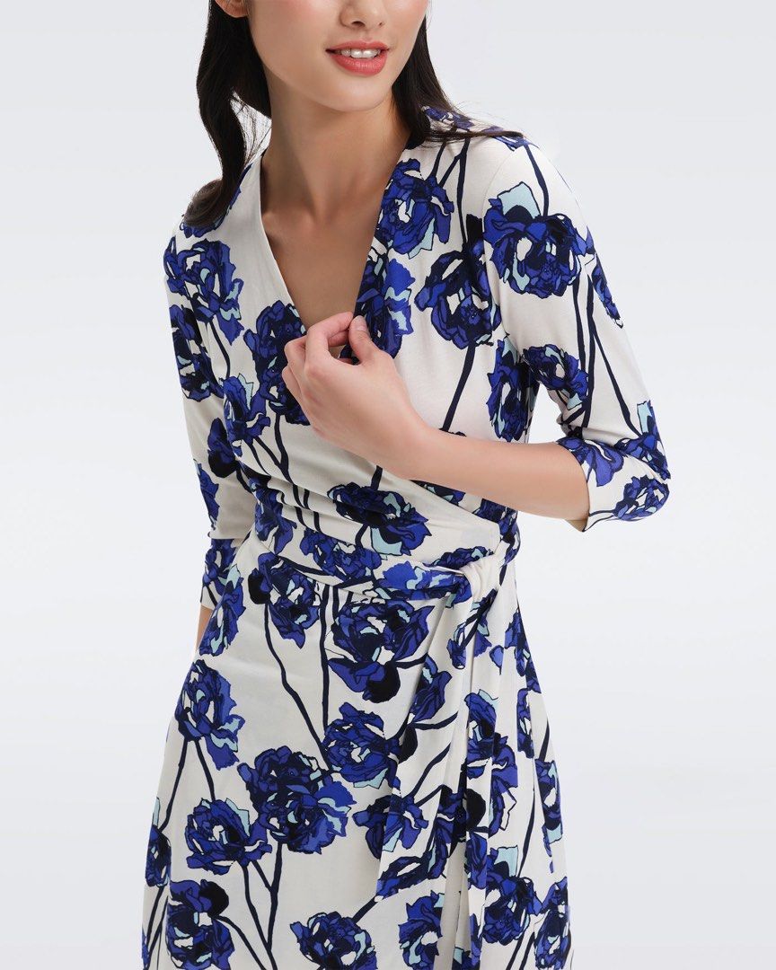 DVF Julian Abigail mini midi silk jersey wrap dress blue watercolor ...