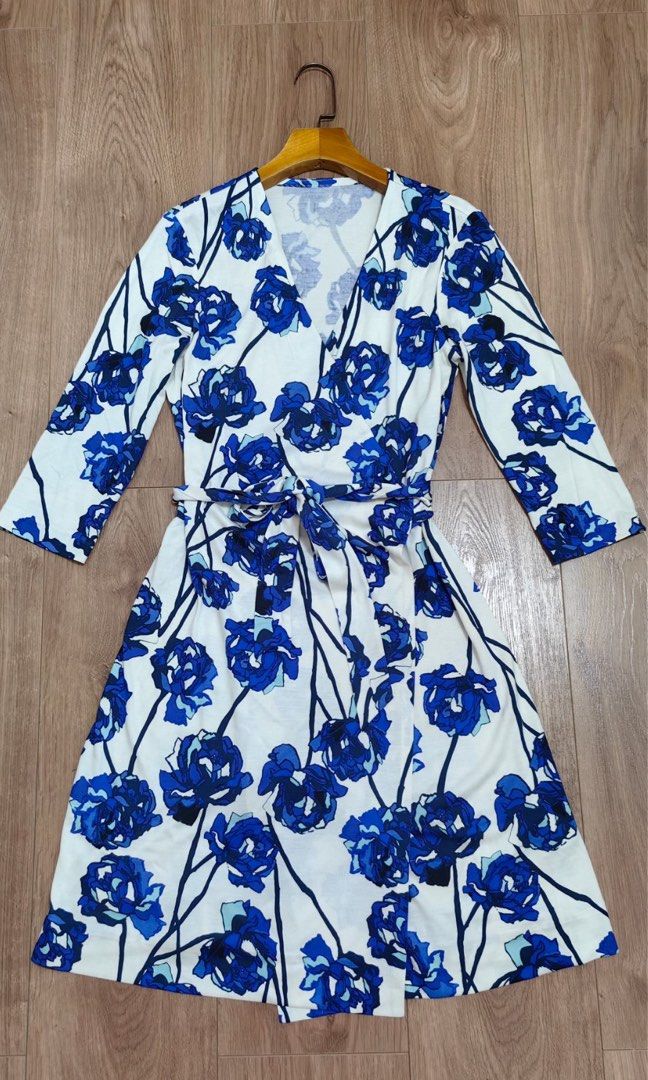 DVF Julian Abigail mini midi silk jersey wrap dress blue watercolor ...