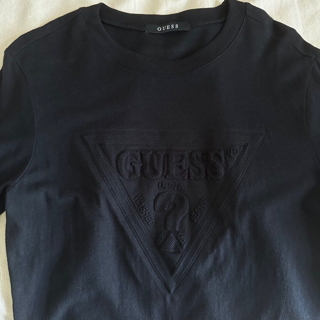 guess logo black shirt, Women's Fashion, Tops, Shirts on Carousell