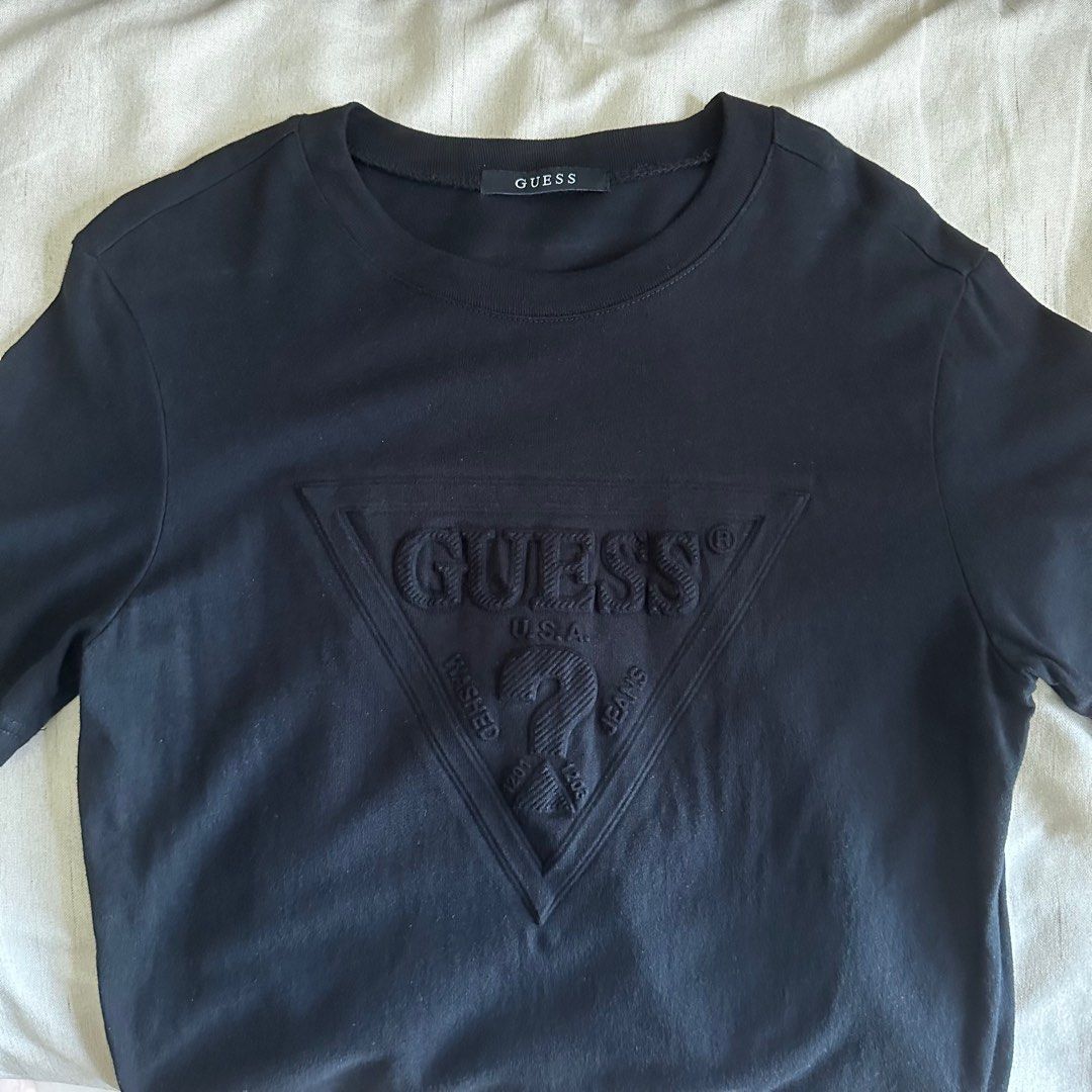 guess logo black shirt, Women's Fashion, Tops, Shirts on Carousell