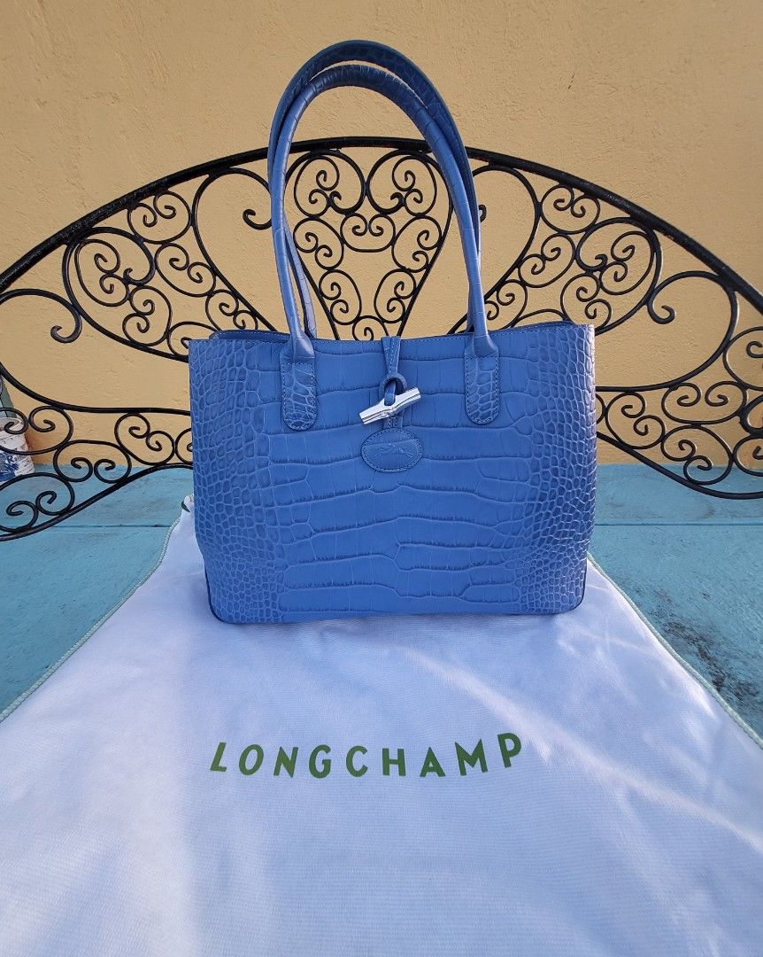 Longchamp Blue Croc Embossed Leather Roseau Tote, Luxury, Bags ...