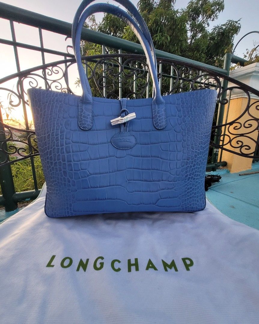 Longchamp Blue Croc Embossed Leather Roseau Tote, Luxury, Bags ...